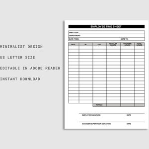Employee Timesheet. Editable Timesheet. Printable Timesheet. Time Card ...