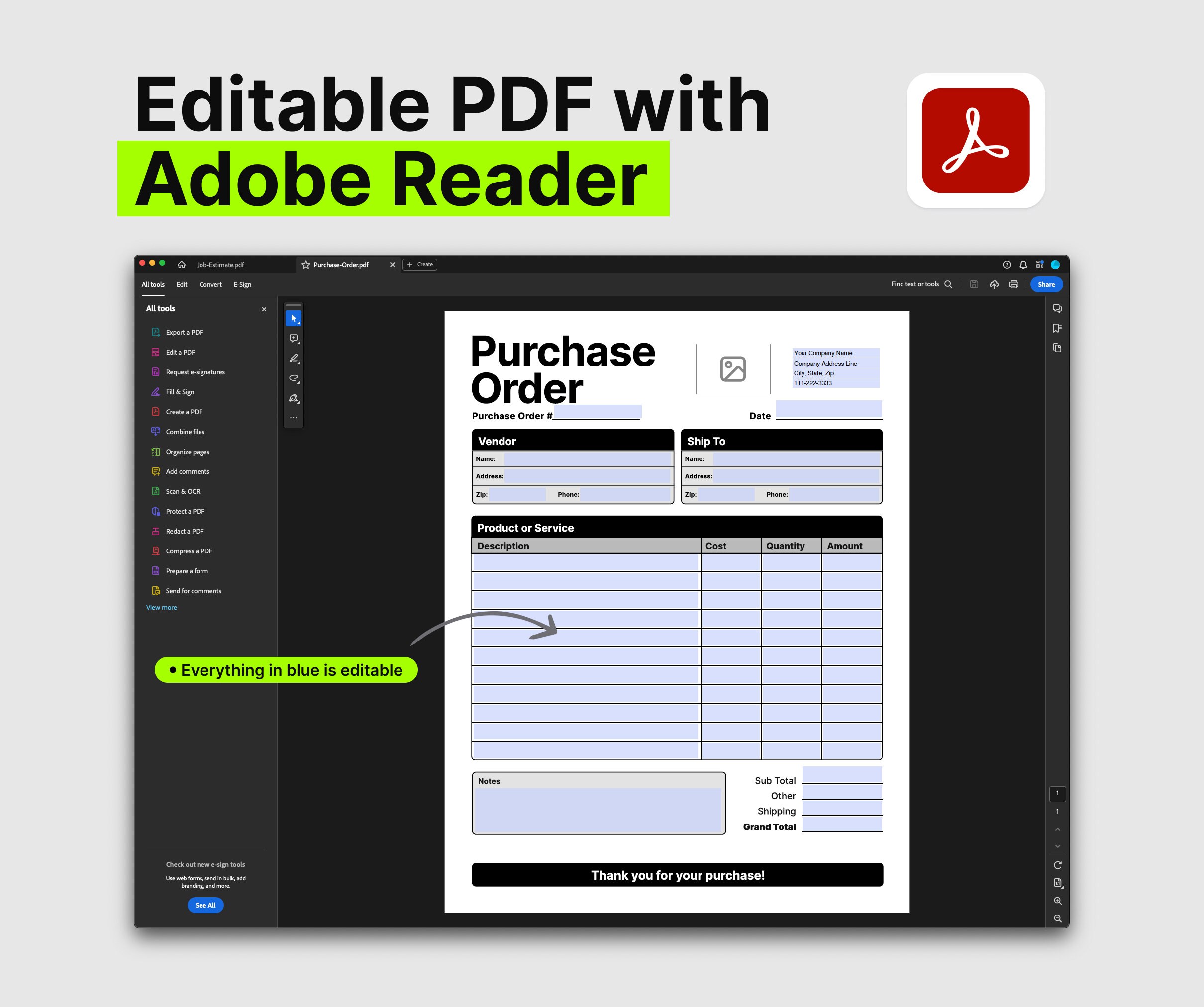 Purchase Order Template PDF. Custom Logo PDF Form. Business Form PDF ...