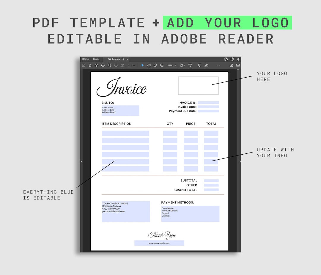 Modern Invoice Template PDF. Custom Logo Editable Business Forms ...