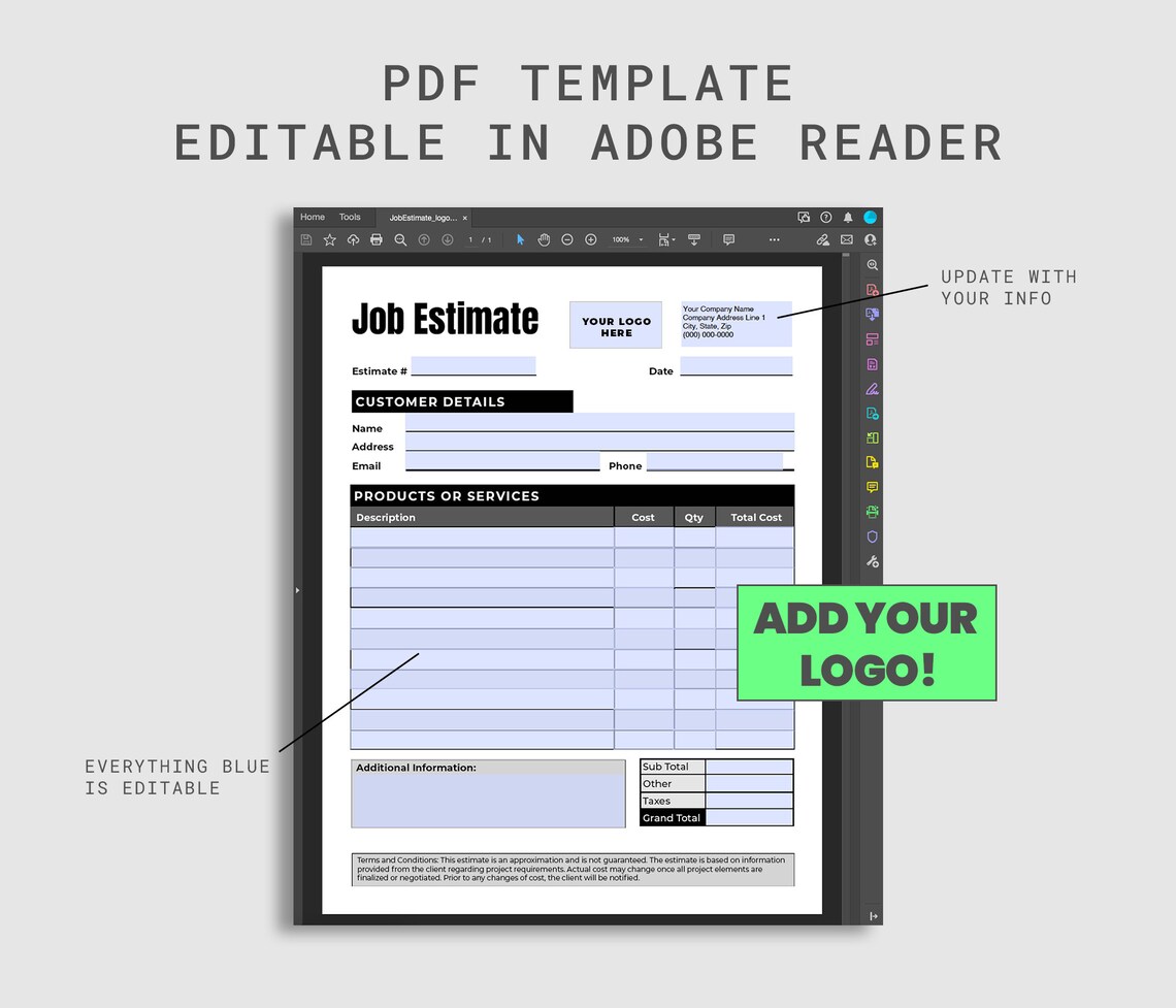 Job Estimate Template PDF. Editable Business Forms. Printable Invoice ...