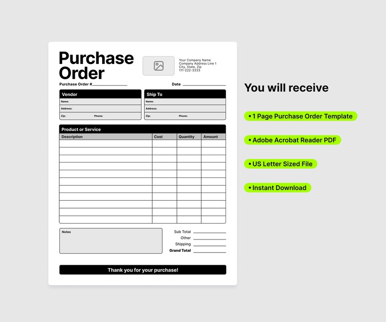 Purchase Order Template PDF. Custom Logo PDF Form. Business Form PDF ...
