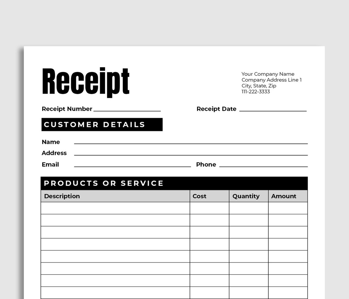 Receipt Template PDF. Editable Business Forms. Printable PDF - Etsy