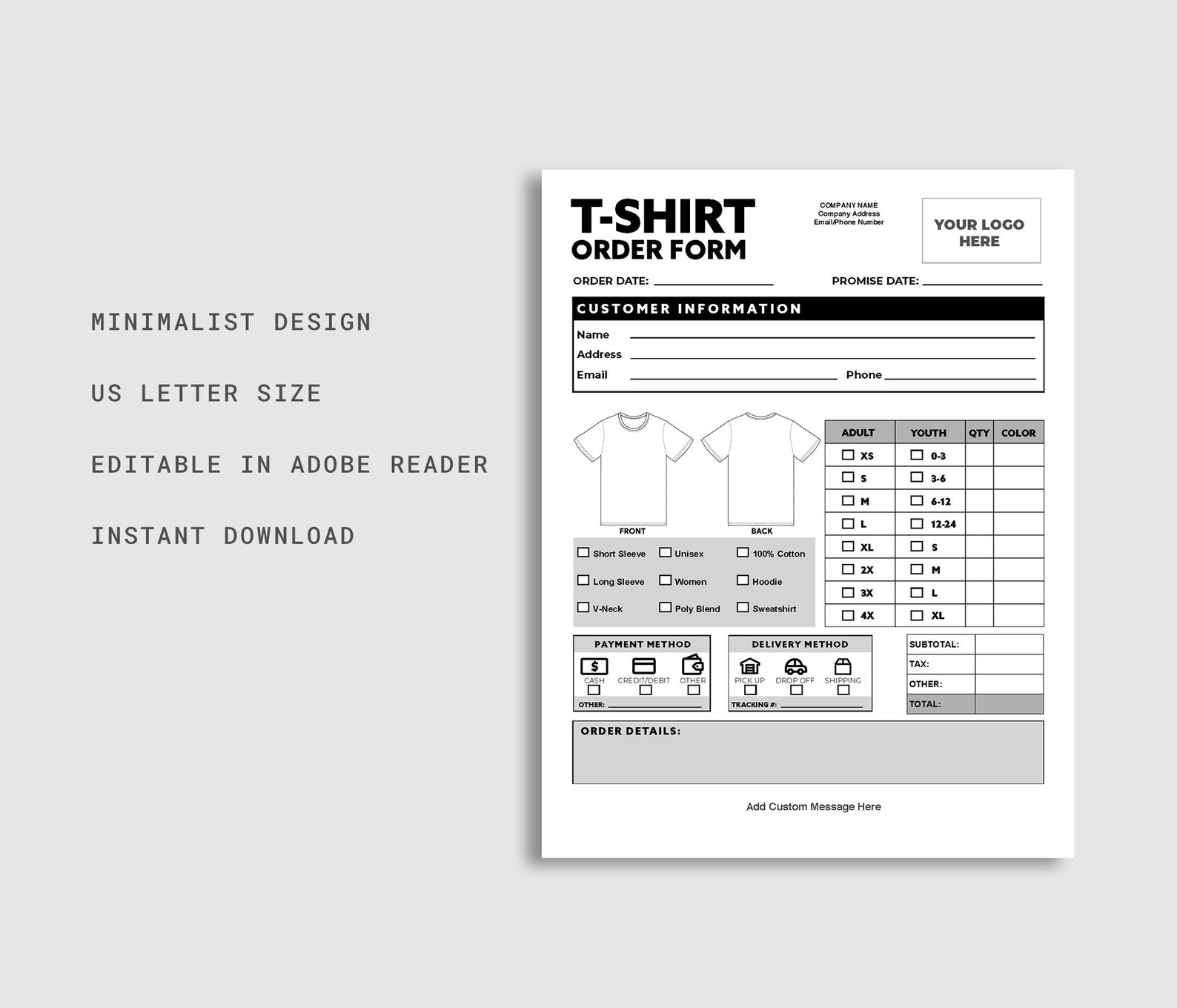 Tshirt Order Form Printable PDF. Custom Logo Form. Tshirt Invoice ...