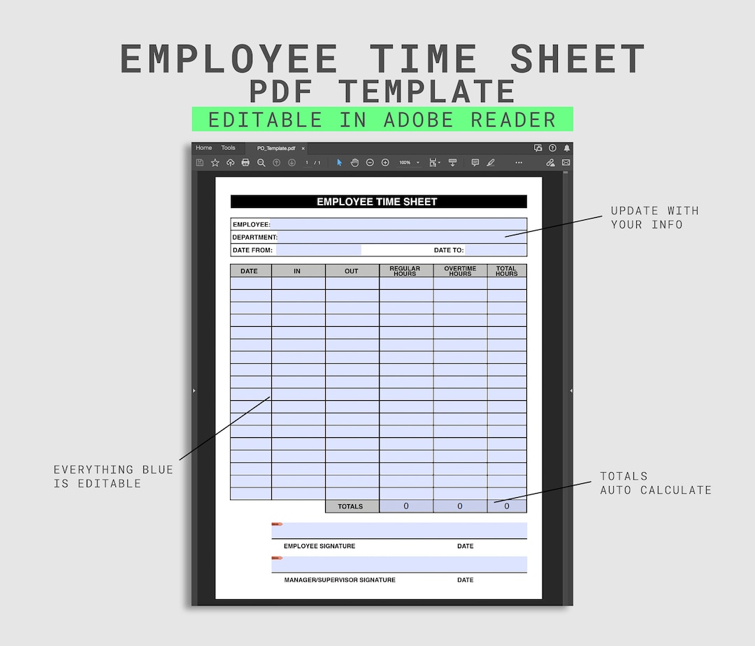 Employee Timesheet. Editable Timesheet. Printable Timesheet. Time Card ...