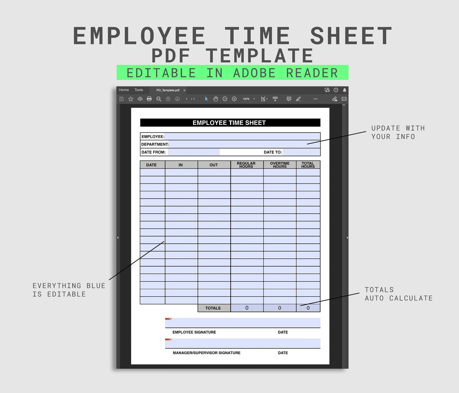 Employee Timesheet. Editable Timesheet. Printable Timesheet. Time Card ...