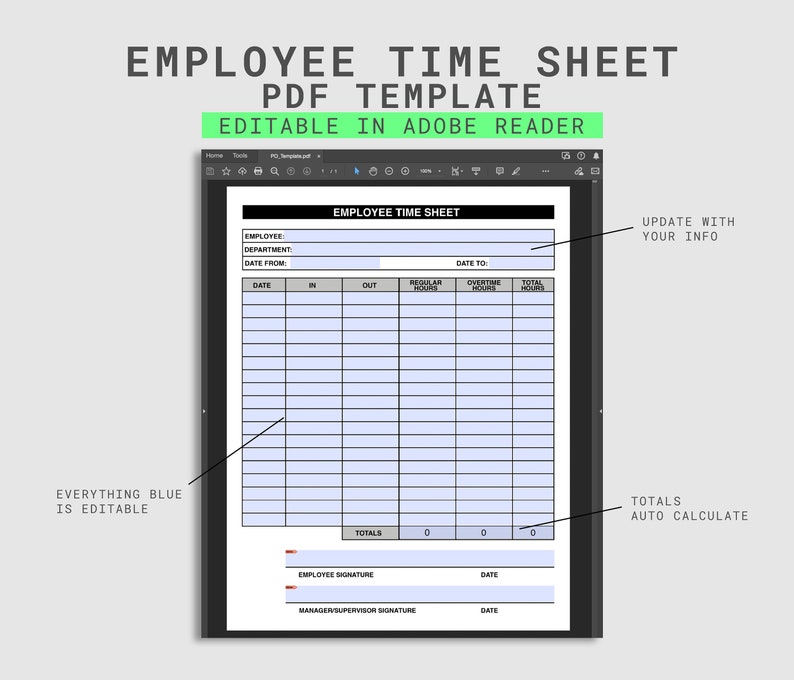 Employee Timesheet. Editable Timesheet. Printable Timesheet. Time Card ...