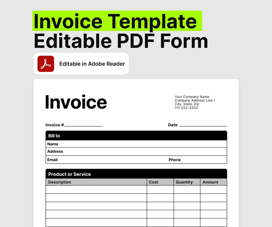 Invoice Template PDF. Editable Business Forms. Printable PDF Template ...