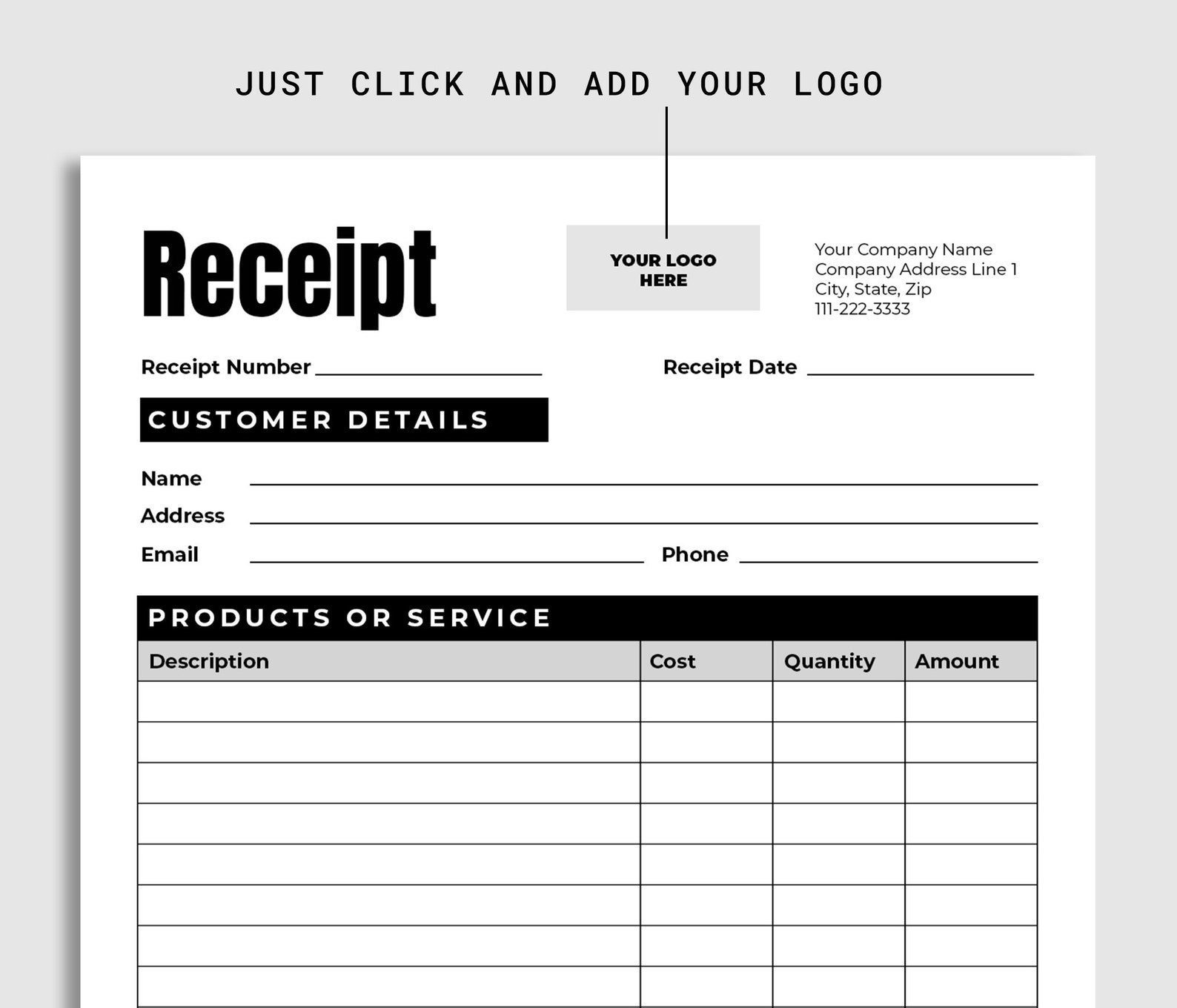 Receipt Template PDF. Custom Logo Editable Business Forms. - Etsy