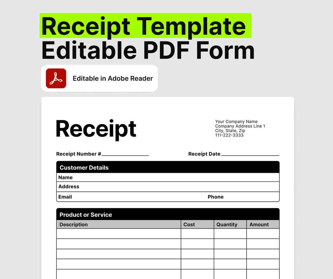 Receipt Template PDF. Editable Business Forms. Printable PDF Template ...