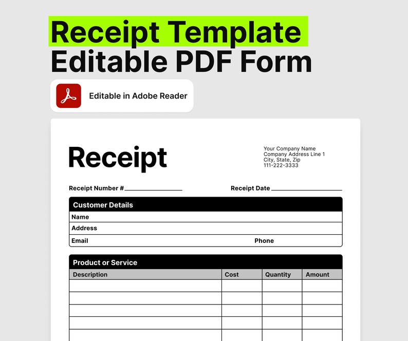 Receipt Template PDF. Editable Business Forms. Printable PDF Template ...