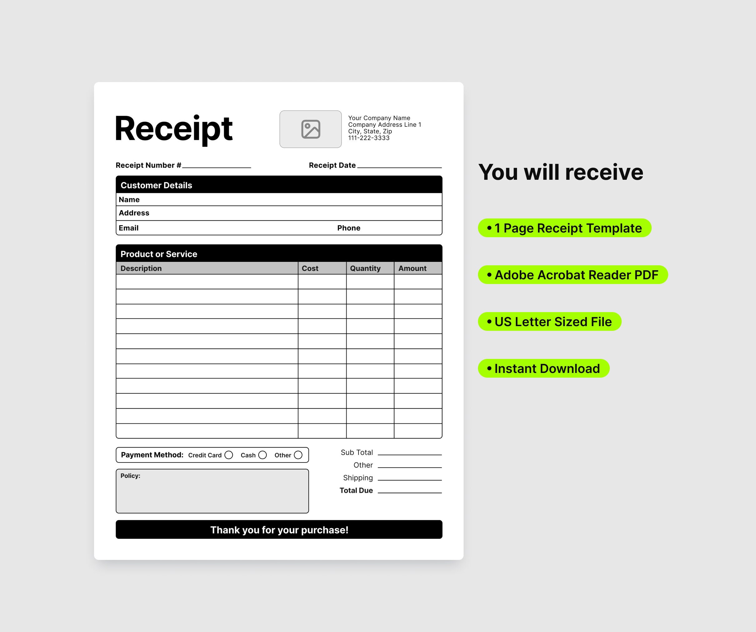 Receipt Template PDF. Custom Logo Editable Business Forms. Printable ...