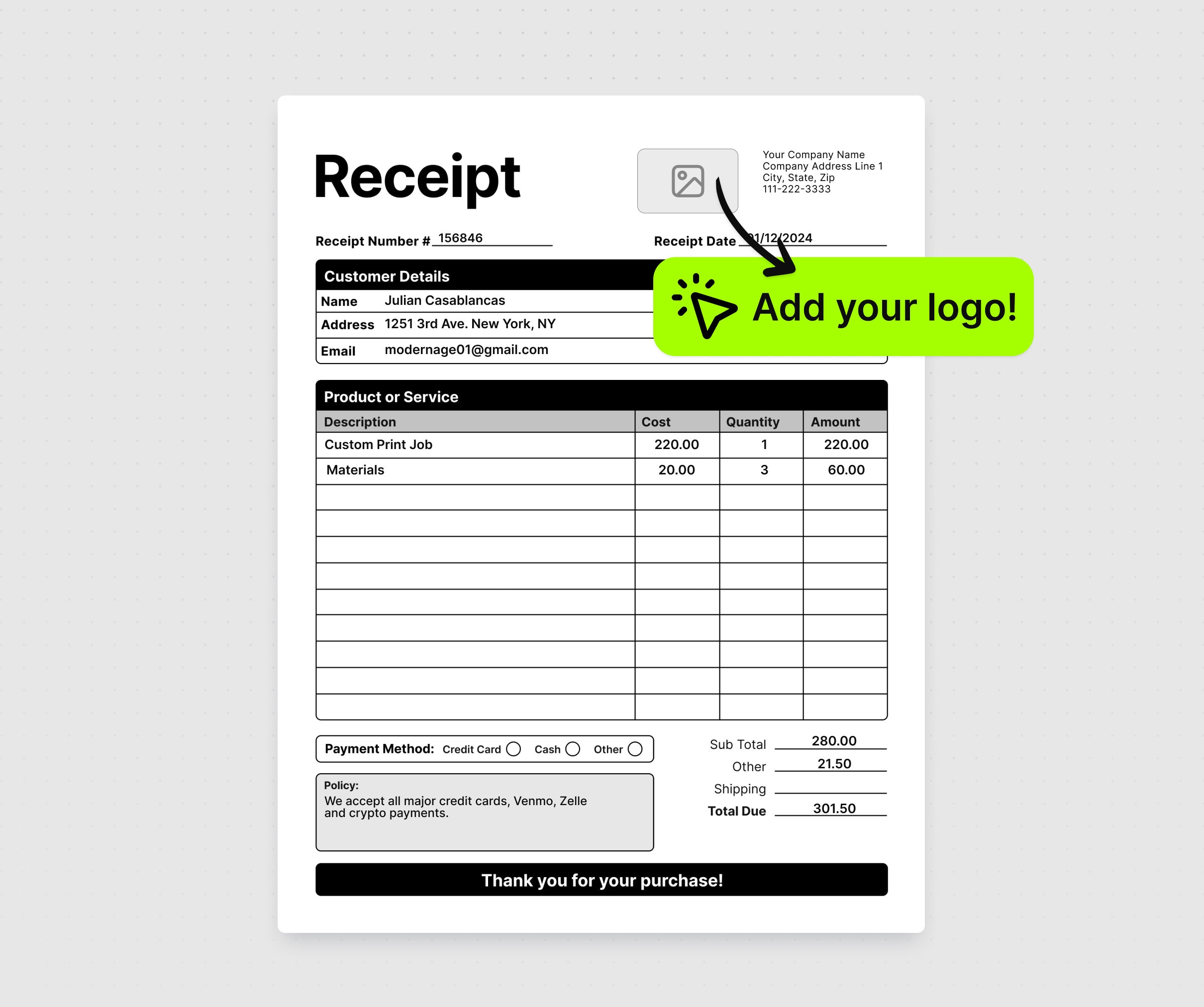 Receipt Template PDF. Custom Logo Editable Business Forms. Printable ...