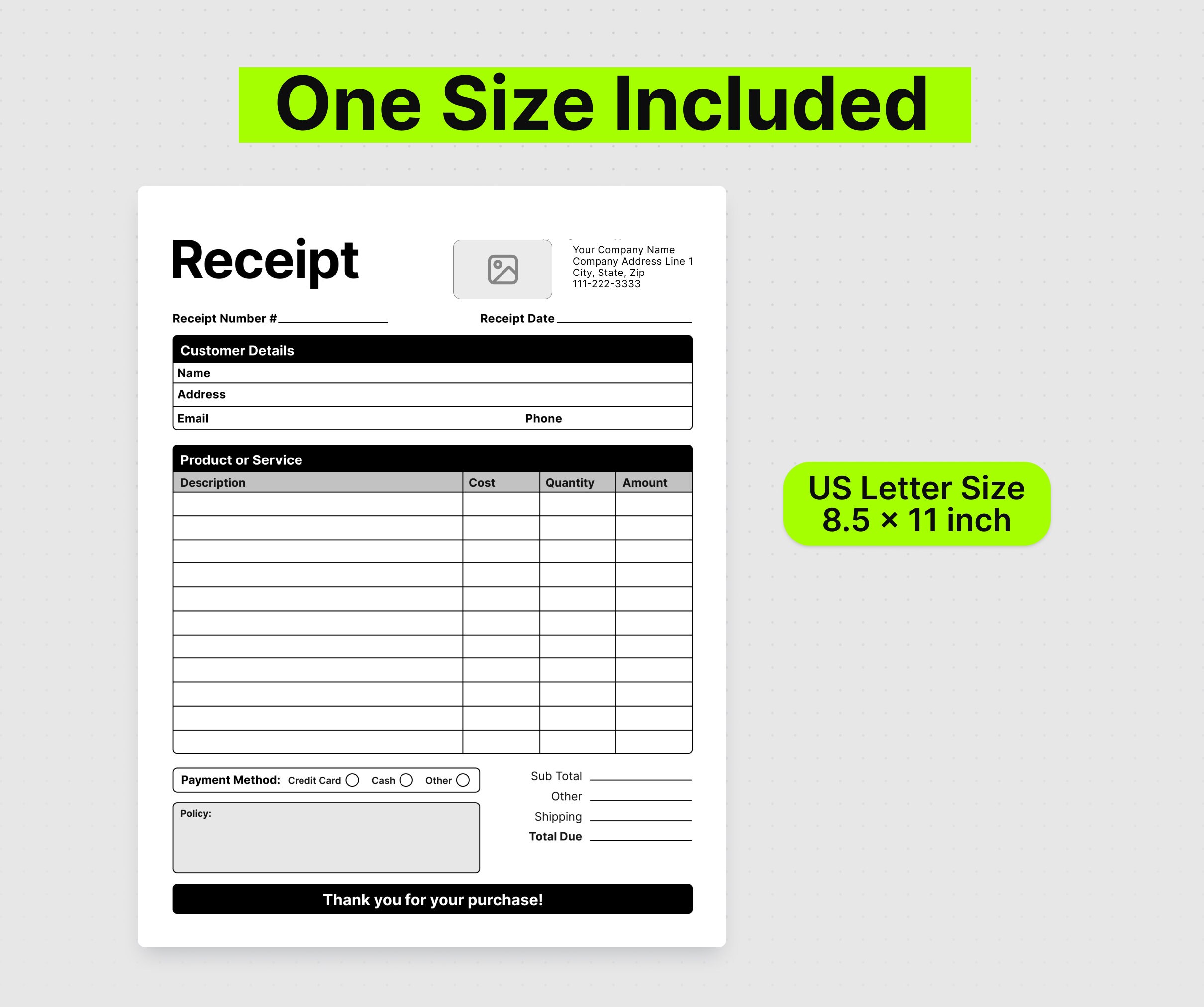 Receipt Template PDF. Custom Logo Editable Business Forms. Printable ...