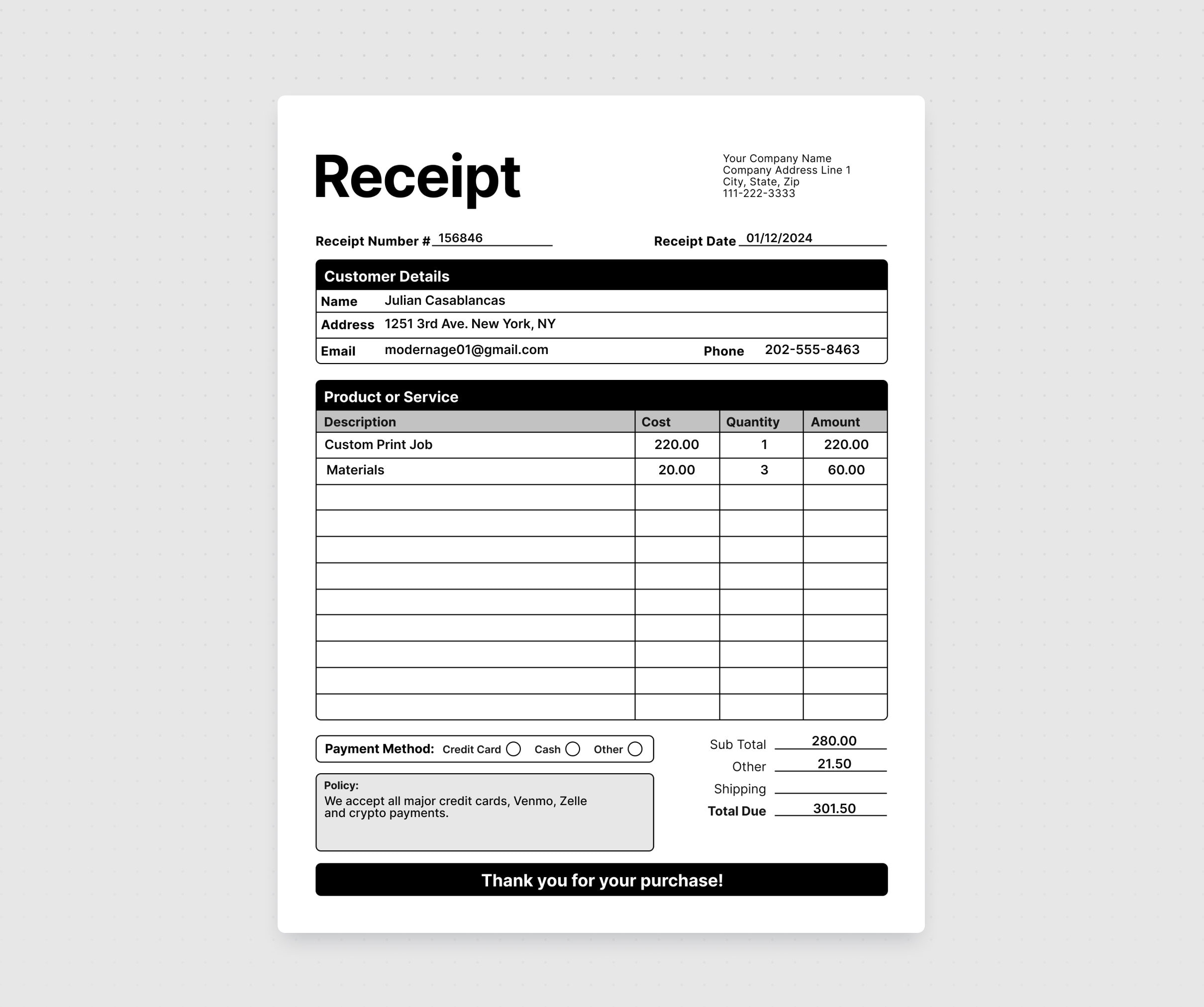 Receipt Template PDF. Editable Business Forms. Printable PDF Template ...