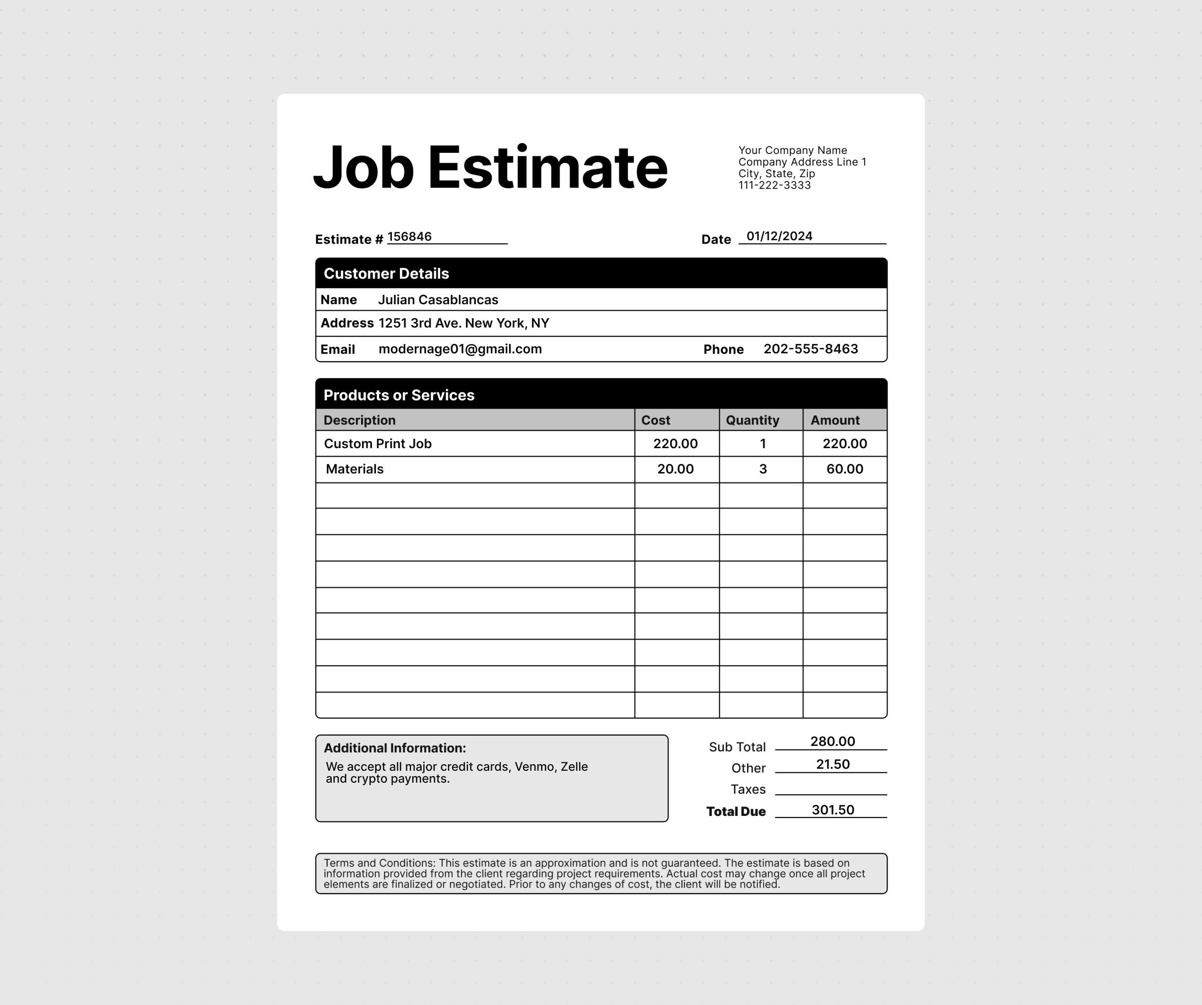Job Estimate Template PDF. Editable Business Forms. Printable PDF ...