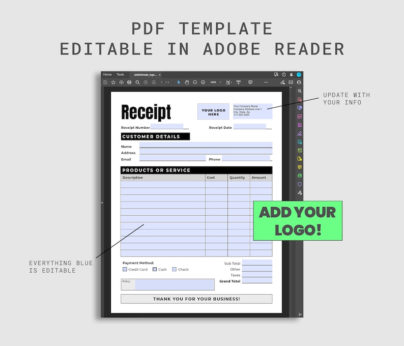 Receipt Template PDF. Custom Logo Editable Business Forms. - Etsy