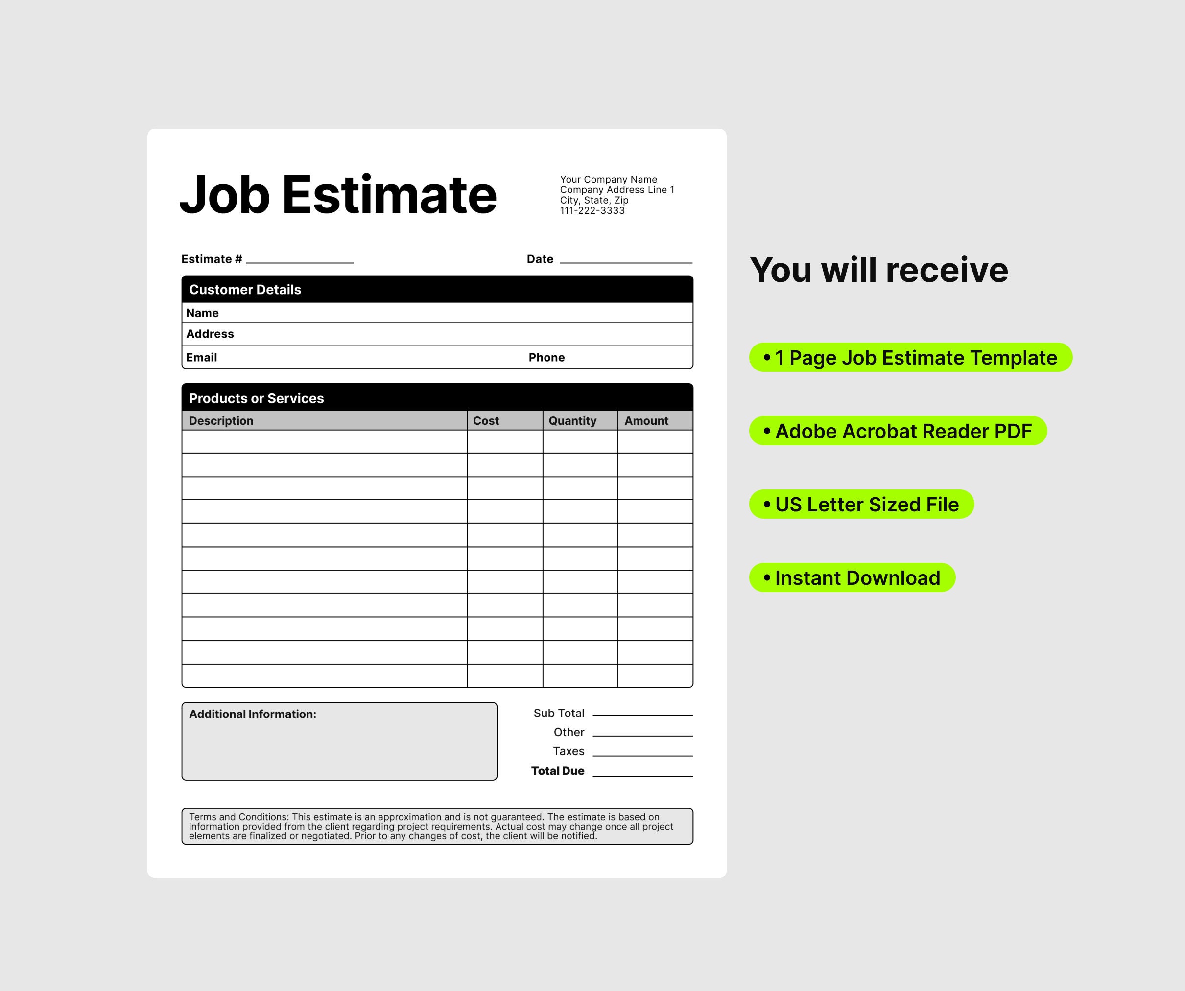 Job Estimate Template PDF. Editable Business Forms. Printable PDF ...