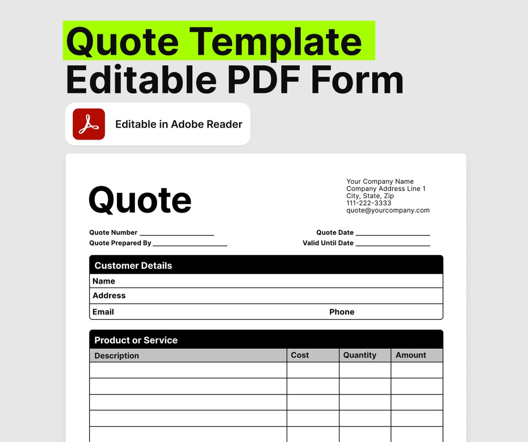Quote Template PDF. Quote Form. Job Quote. Job Proposal. Digital ...