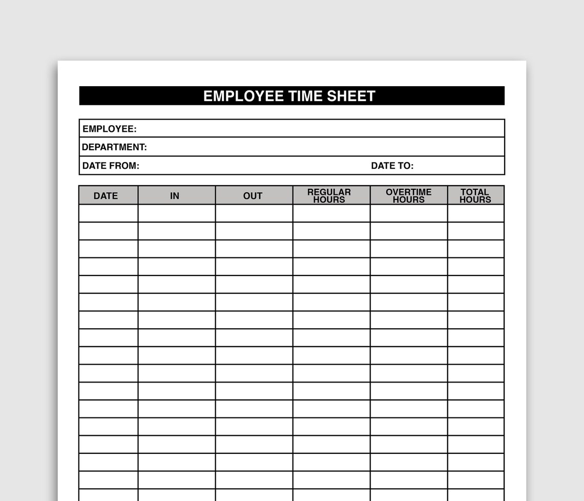 Employee Timesheet. Editable Timesheet. Printable Timesheet. Time Card ...