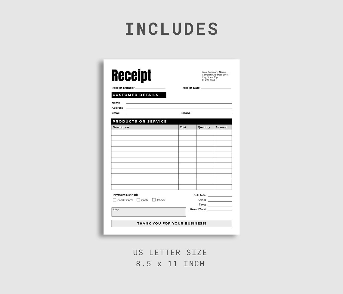Receipt Template PDF. Editable Business Forms. Printable PDF - Etsy