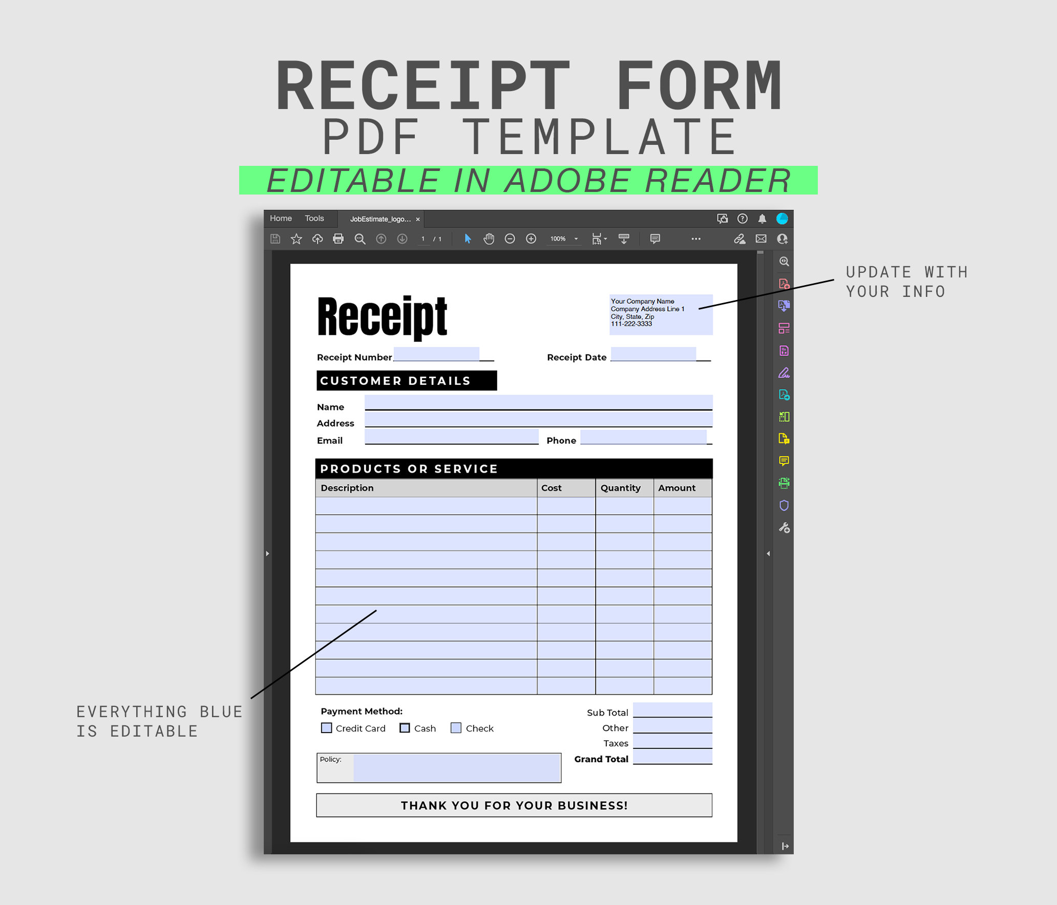 Receipt Template PDF. Editable Business Forms. Printable PDF - Etsy