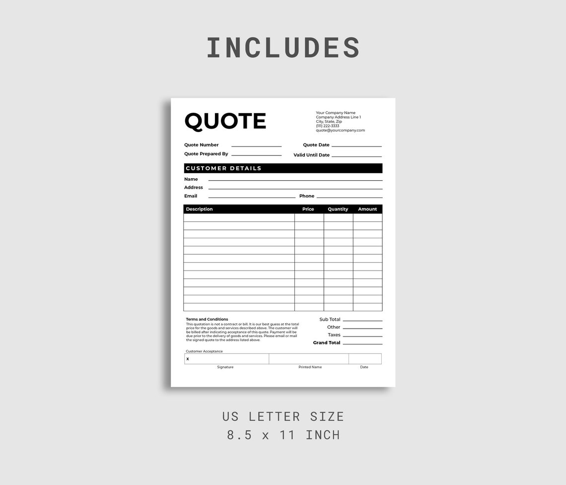 Quote Template PDF. Quote Form. Job Quote. Job Proposal. - Etsy