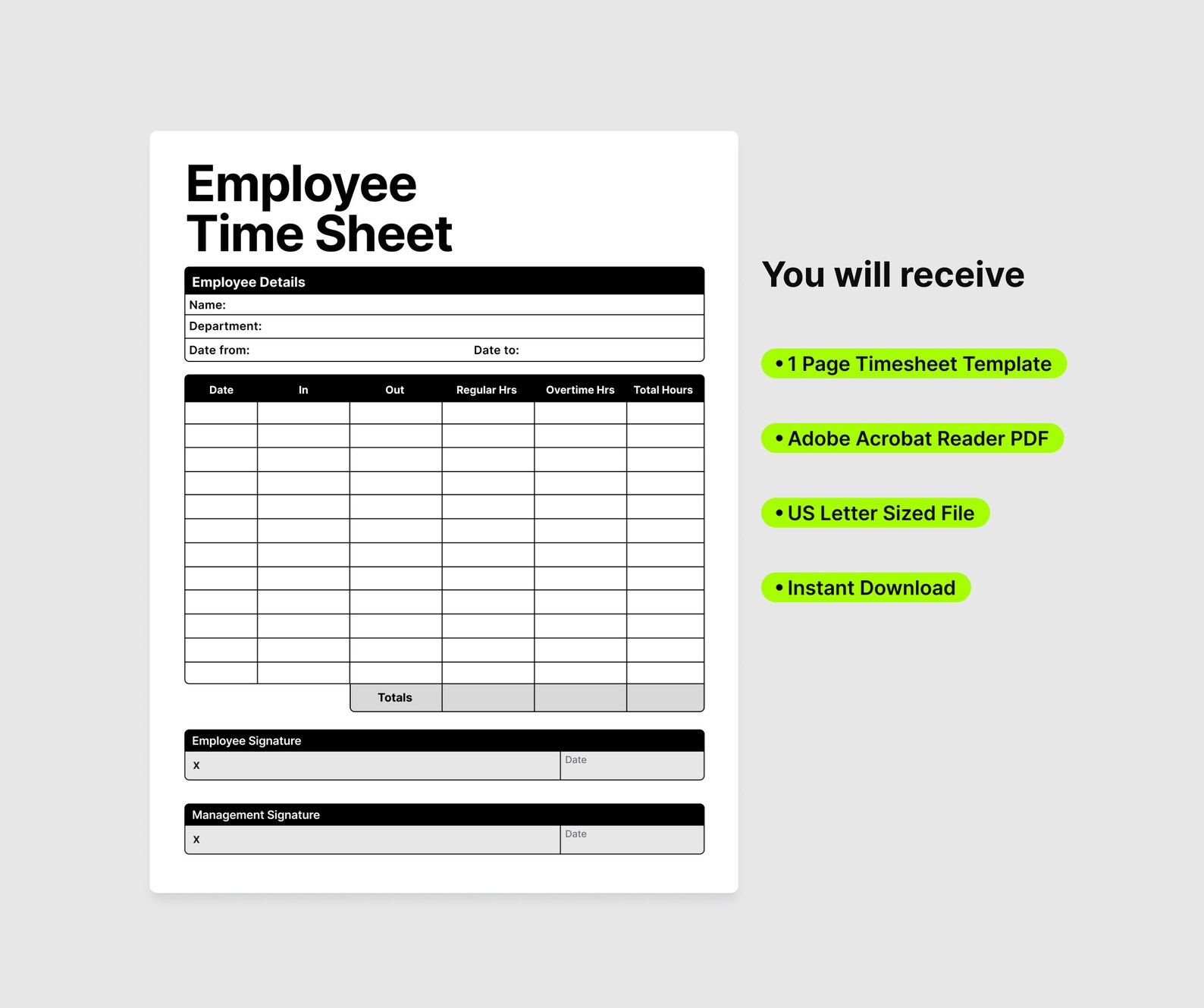 Employee Timesheet. Editable Timesheet. Printable Timesheet. Time Card ...