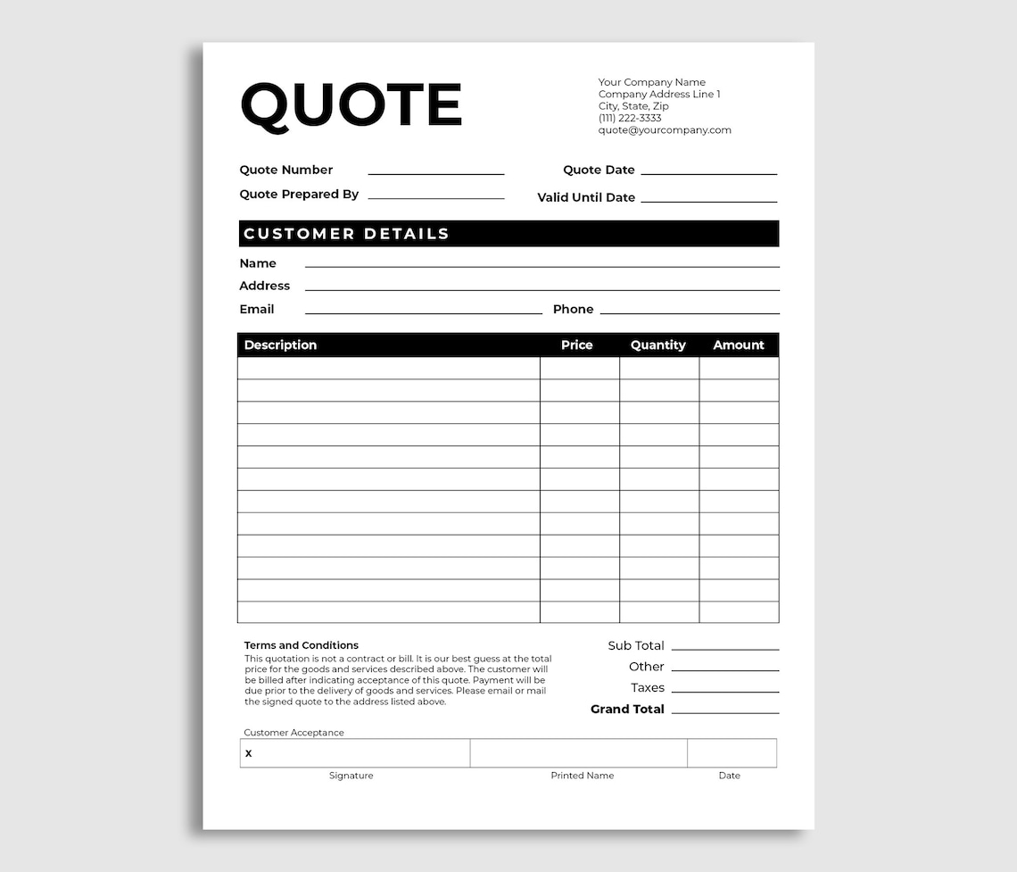 Quote Template PDF. Quote Form. Job Quote. Job Proposal. - Etsy