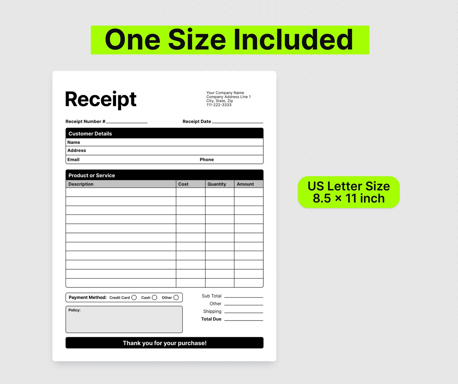 Receipt Template PDF. Editable Business Forms. Printable PDF Template ...