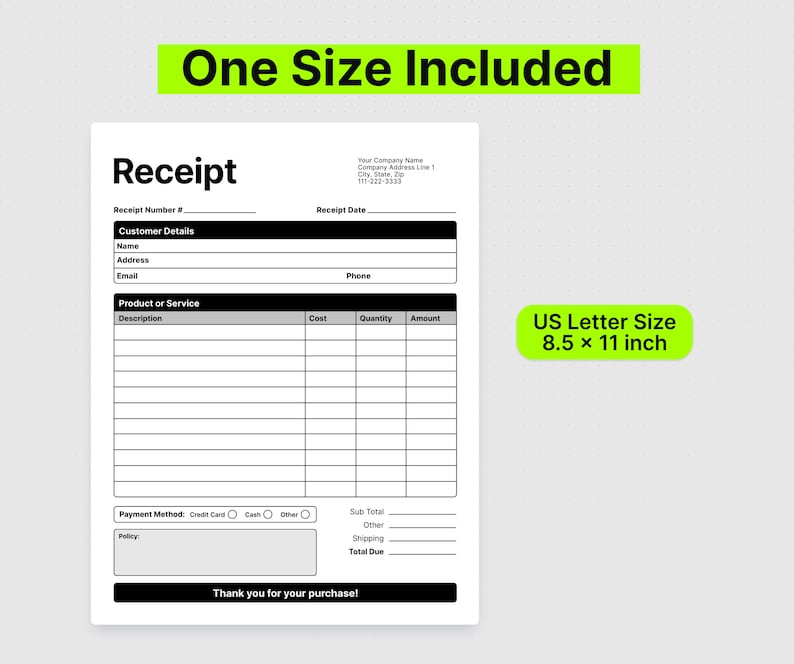 Receipt Template PDF. Editable Business Forms. Printable PDF Template ...