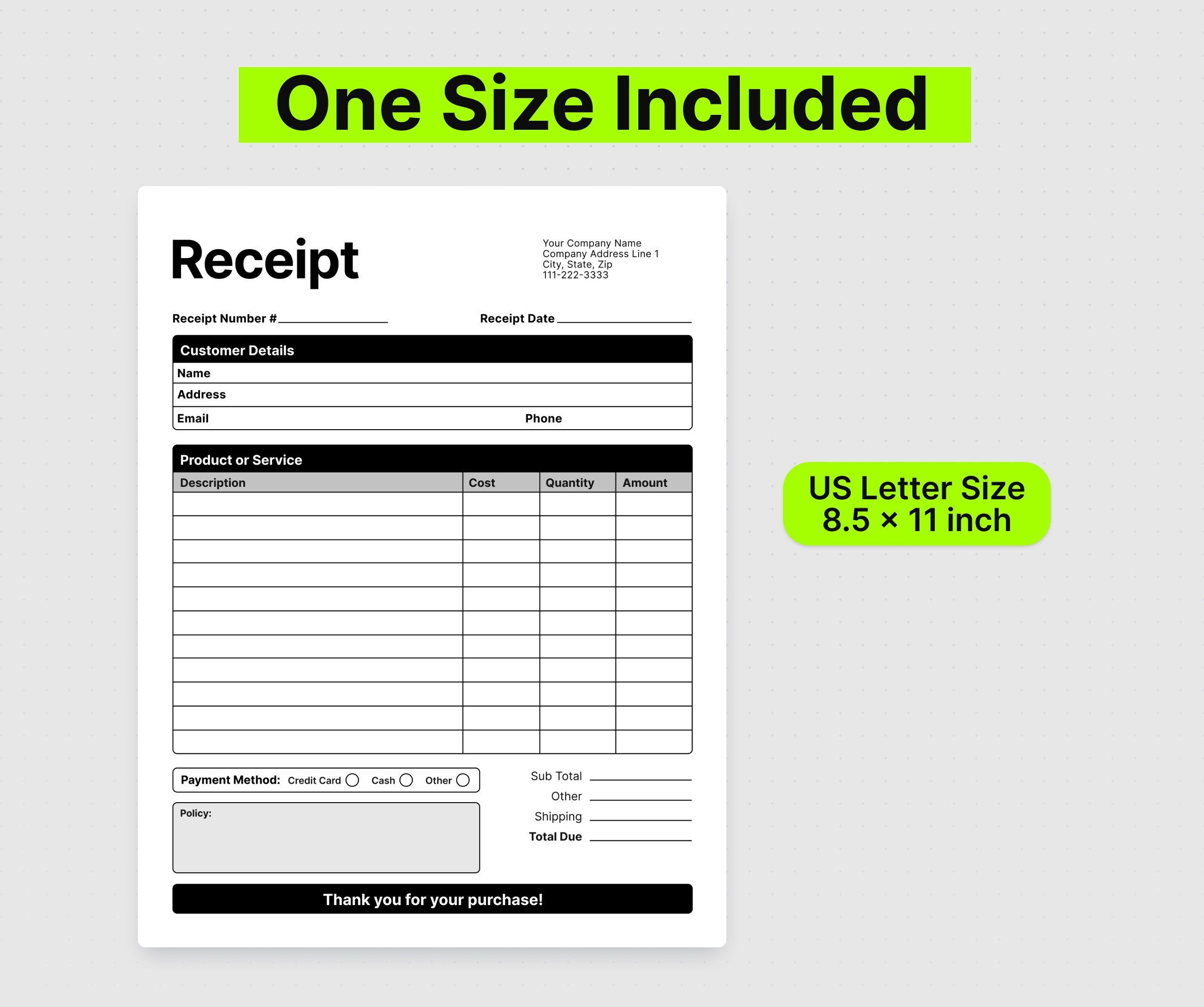 Receipt Template PDF. Editable Business Forms. Printable PDF Template ...