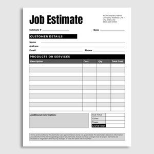 Job Estimate Template PDF. Editable Business Forms. Printable - Etsy