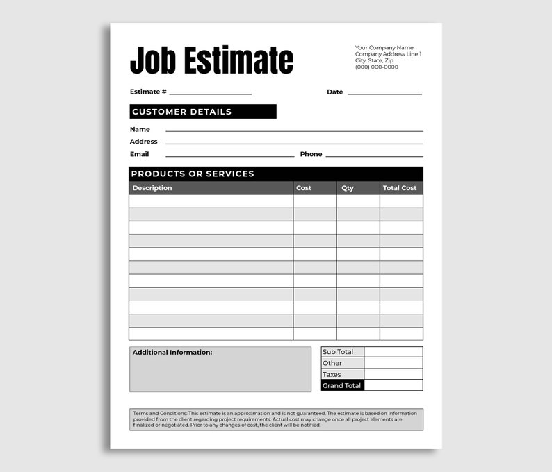 Job Estimate Template PDF. Editable Business Forms. Printable - Etsy