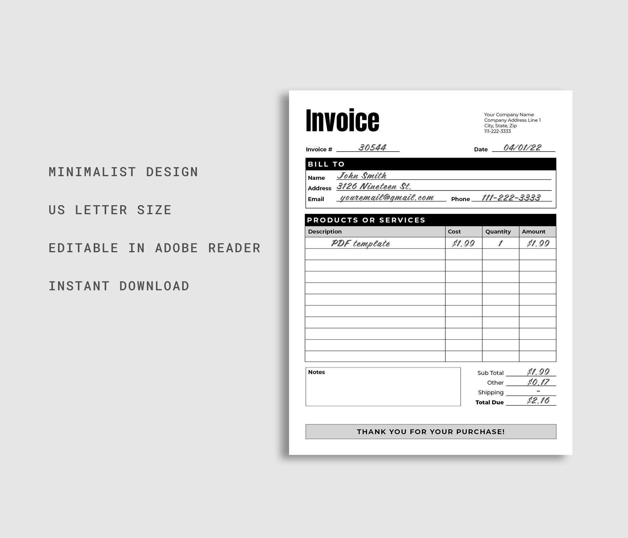 Invoice Template PDF. Editable Business Forms. Printable PDF Template ...