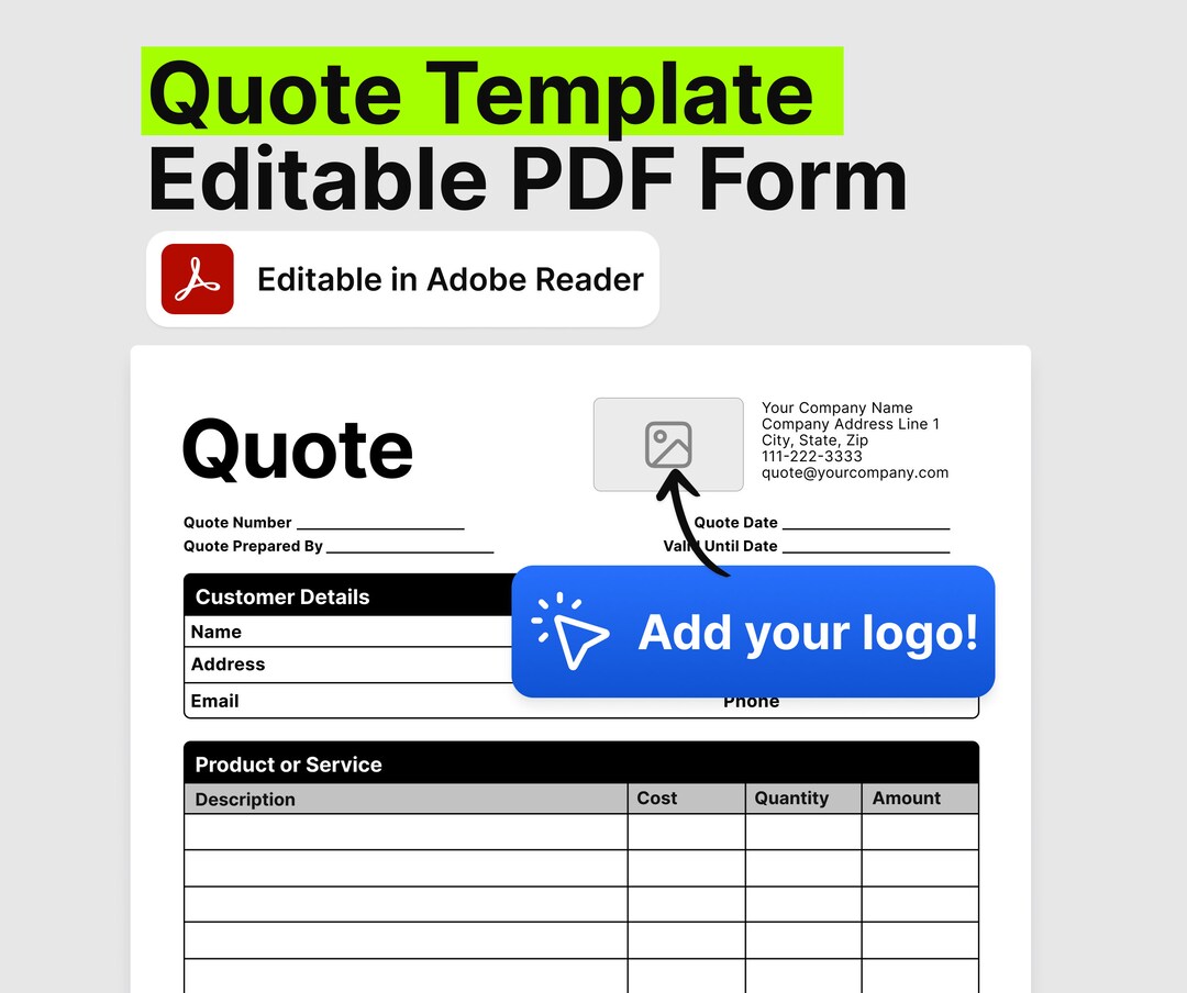 Quote Template PDF. Custom Logo Quote Business Form. Quote Form. Job ...