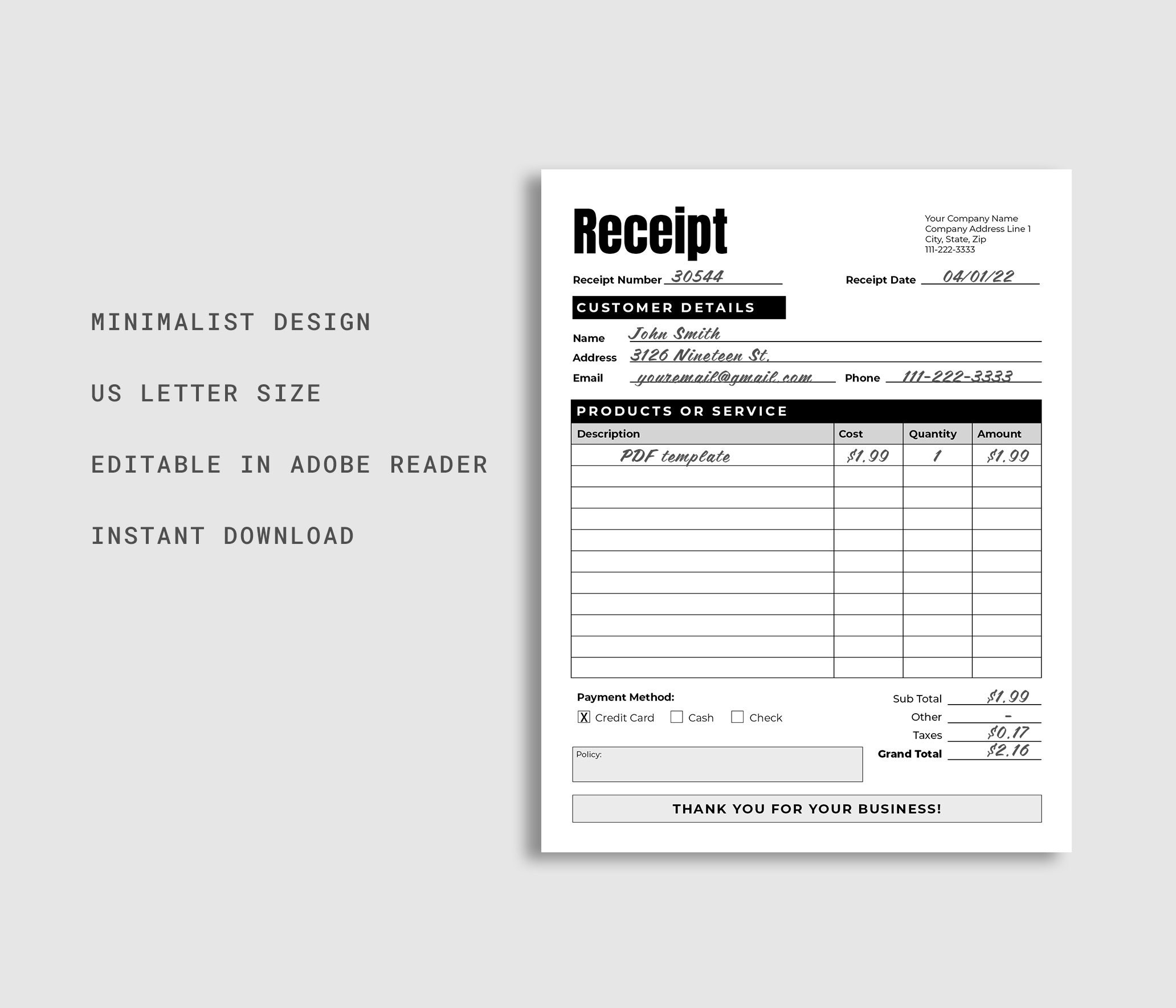 Receipt Template PDF. Editable Business Forms. Printable PDF - Etsy