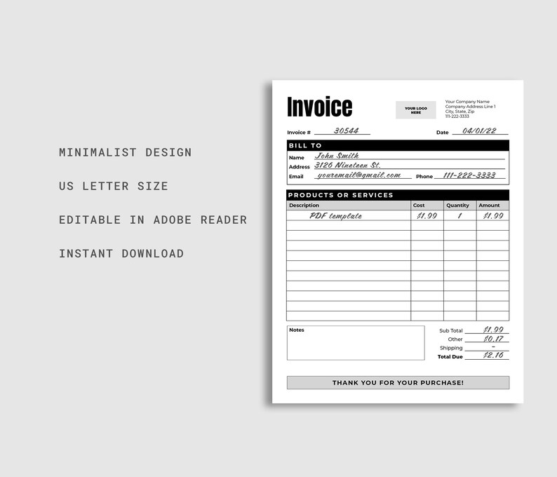 Invoice Template PDF. Custom Logo Editable Business Forms. - Etsy