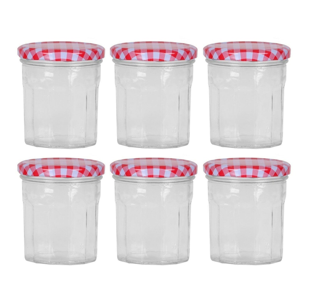 Set of 6 Jam Jars 300ml Glass Preserve Pots Screw Top Red Checked Lids ...