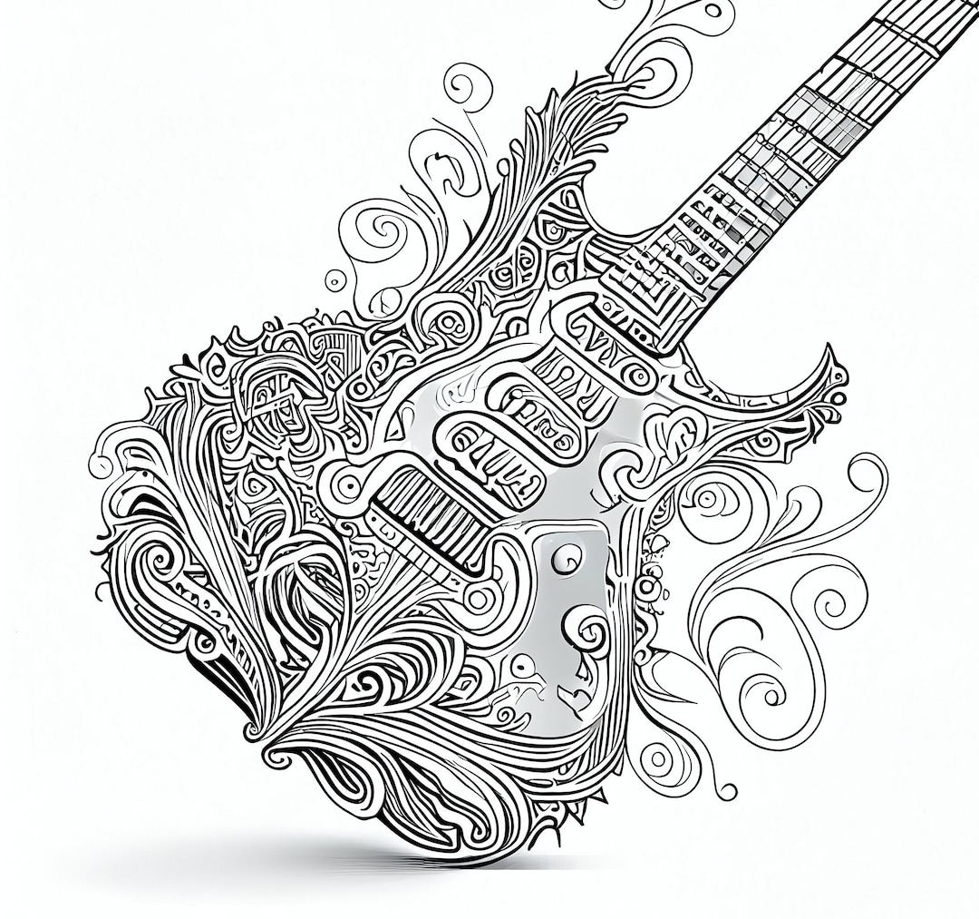 10 Pack Stress Relief Coloring Pages, Guitar Digital Print, Filigree ...
