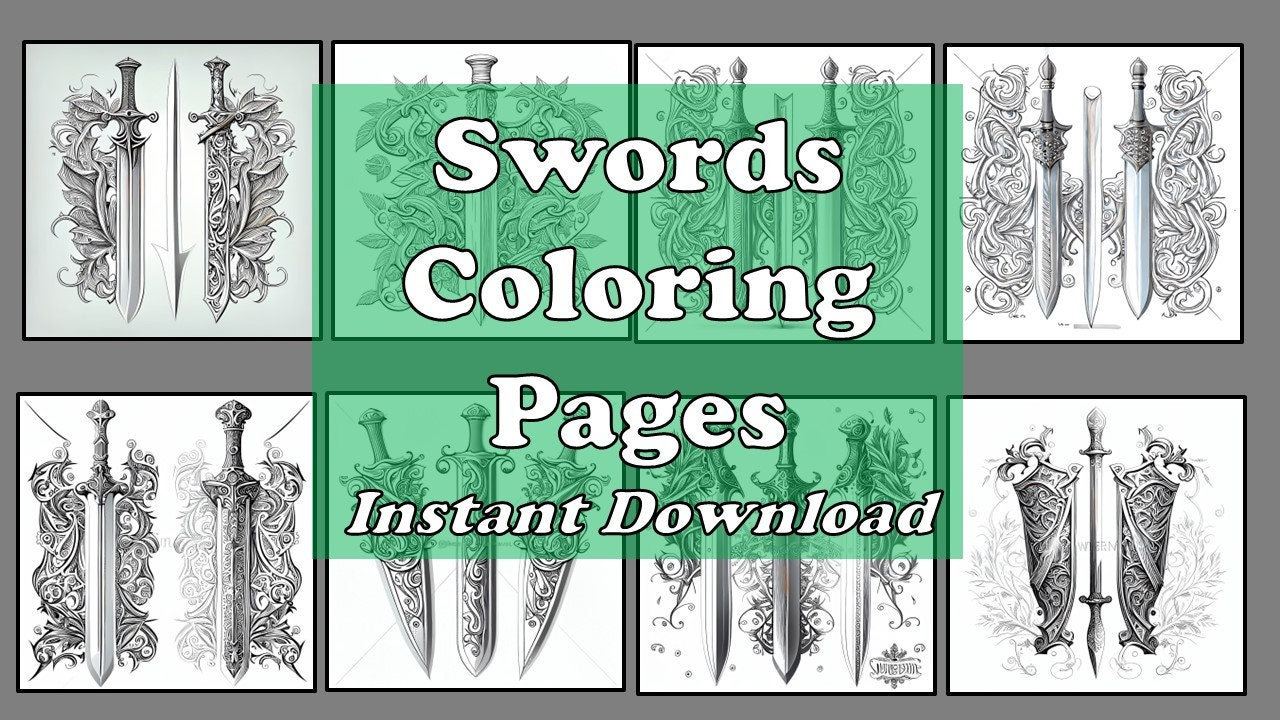 8 Pack Stress Relief Coloring Pages, Swords Digital Print, Filigree ...