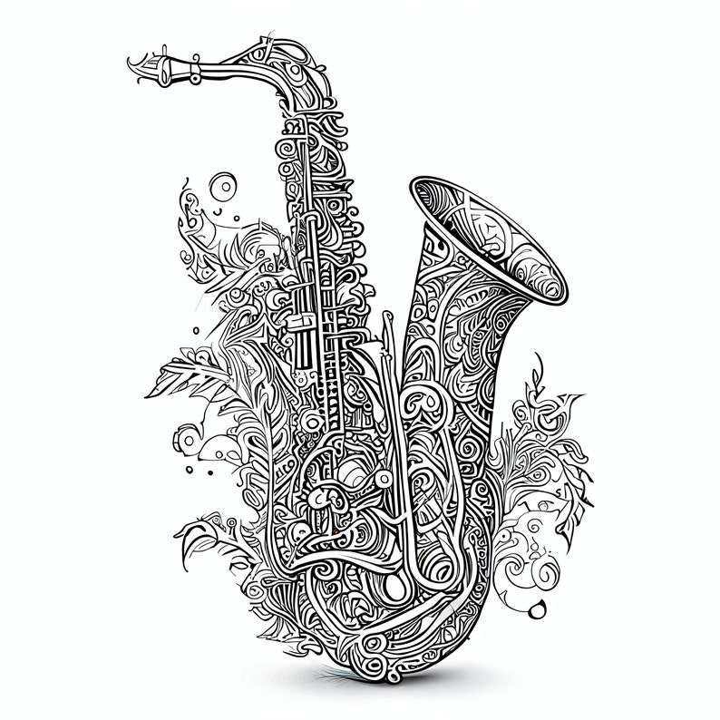 12 Pack Stress Relief Coloring Pages, Saxophone Digital Print, Filigree ...