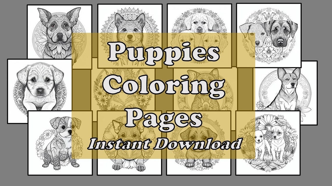12 Pack Stress Relief Coloring Pages, Puppies Digital Print, Detailed ...