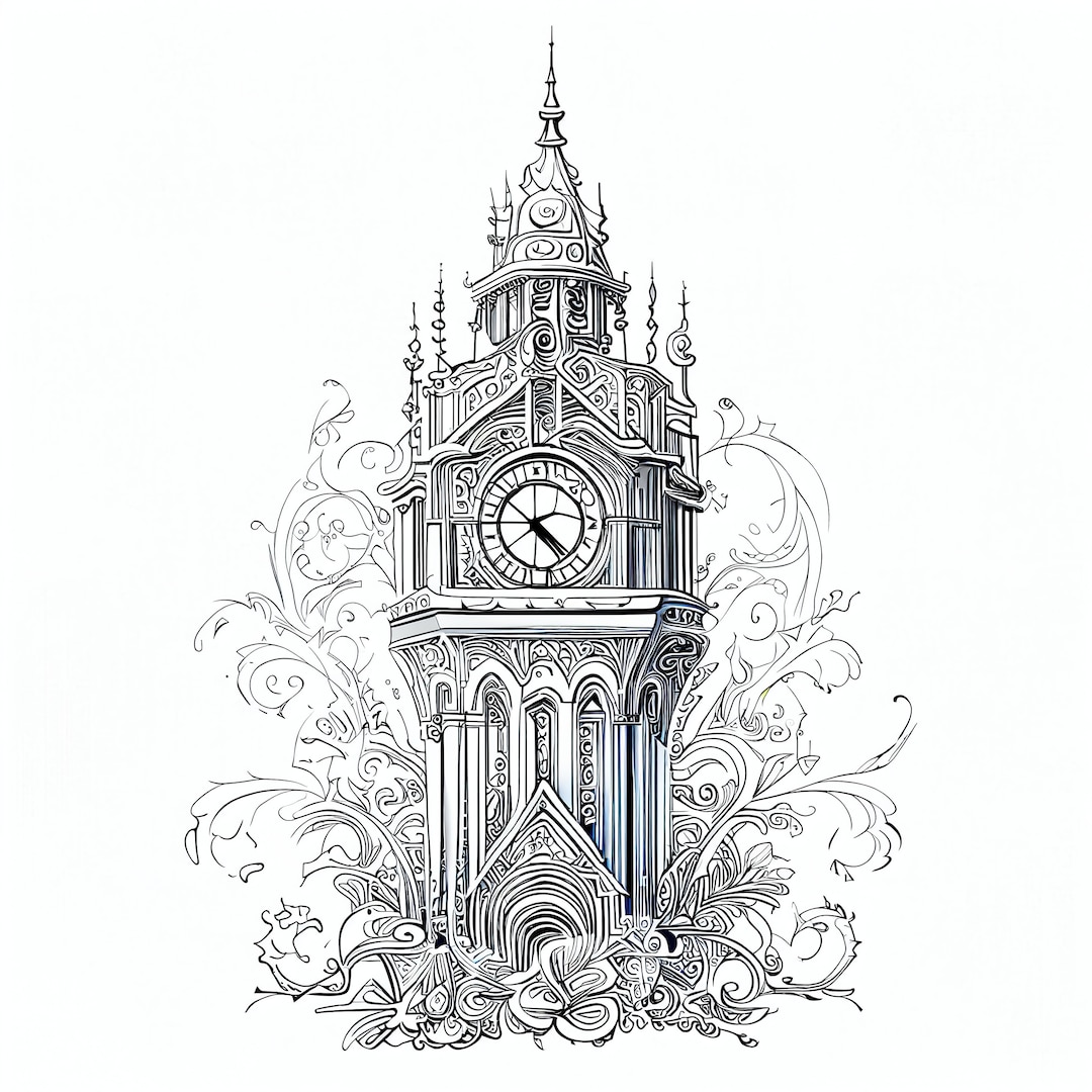 12 Pack Stress Relief Coloring Page, Clock Tower Digital Print ...