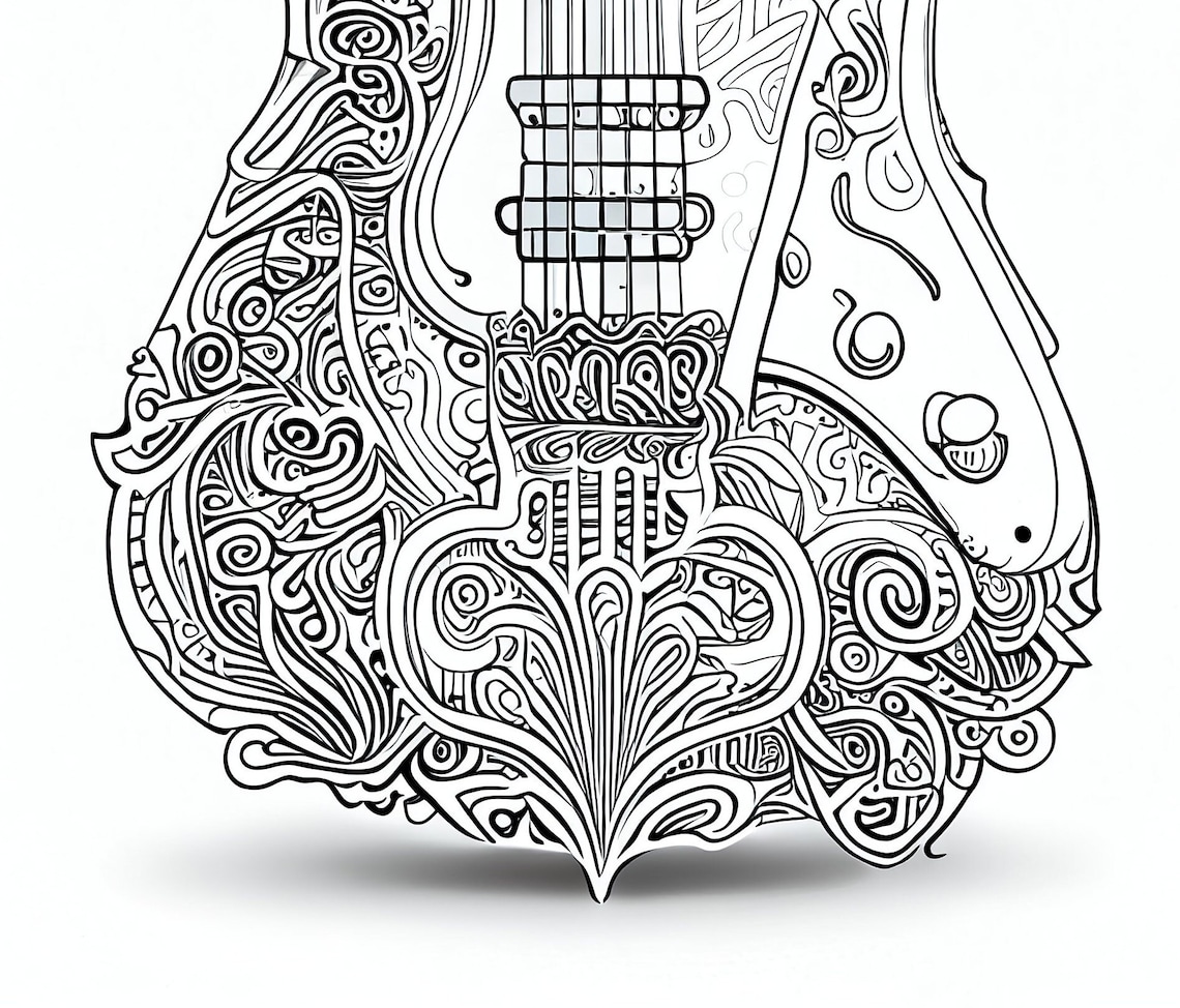 10 Pack Stress Relief Coloring Pages, Guitar Digital Print, Filigree ...