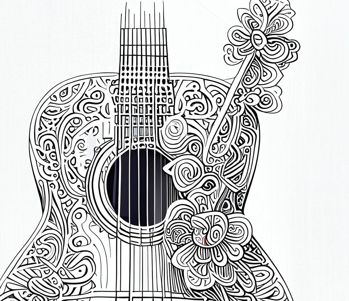 10 Pack Stress Relief Coloring Pages, Guitar Digital Print, Filigree ...