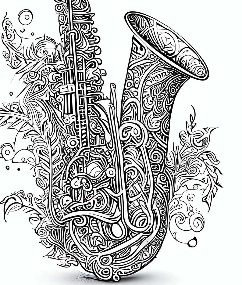 12 Pack Stress Relief Coloring Pages, Saxophone Digital Print, Filigree ...