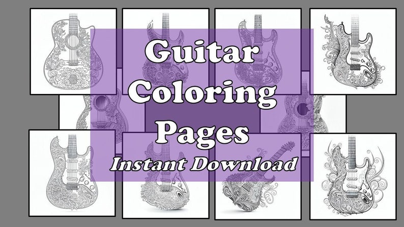 10 Pack Stress Relief Coloring Pages, Guitar Digital Print, Filigree ...
