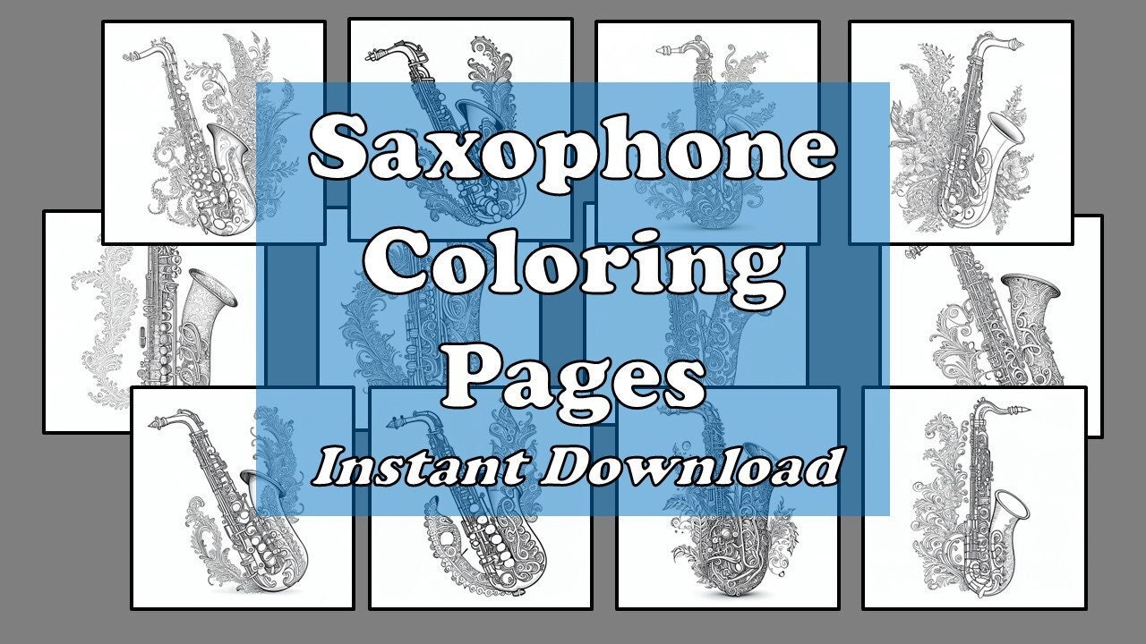 12 Pack Stress Relief Coloring Pages, Saxophone Digital Print, Filigree ...