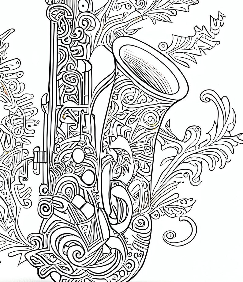 12 Pack Stress Relief Coloring Pages, Saxophone Digital Print, Filigree ...