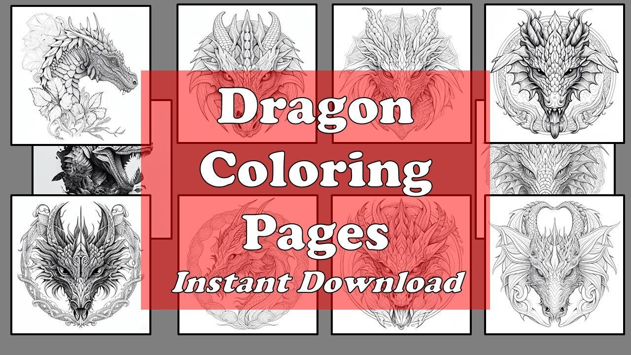 10 Pack Stress Relief Coloring Pages, Dragon Digital Print, Detailed ...